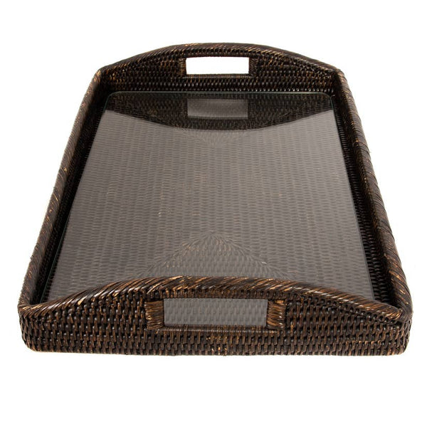 21" x 14" x 2" Rattan Rectangular Tray with Glass Insert 3 color choic ...